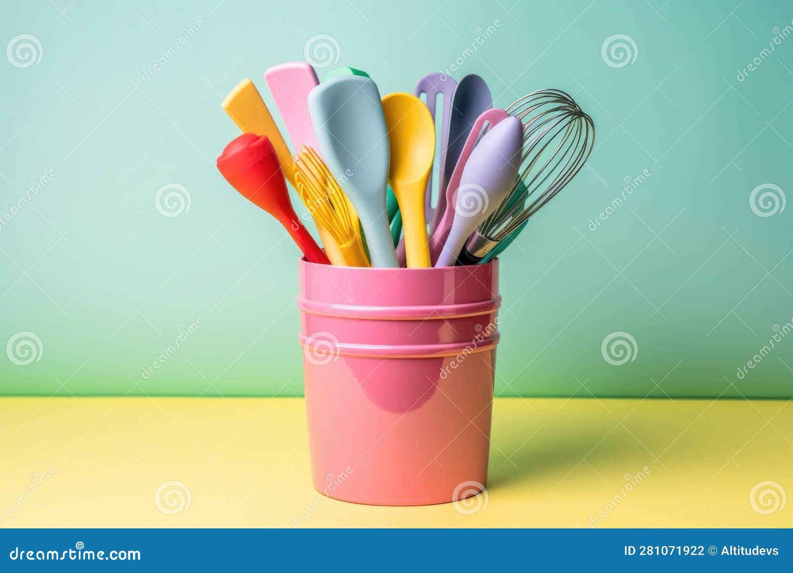 Stack of Colorful Cooking Utensils on a Pastel Background Stock ...