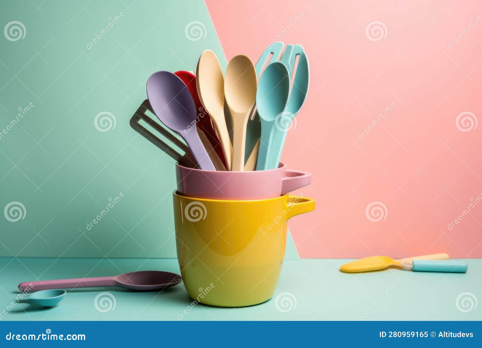 Stack of Colorful Cooking Utensils on a Pastel Background Stock ...
