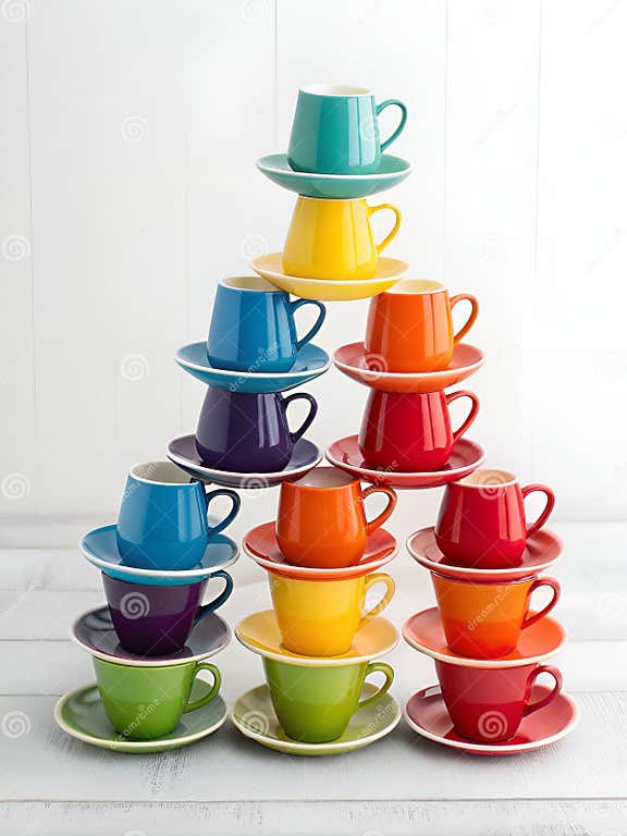 A Stack of Colorful Cups and Saucers Arranged in a Pyramid Shape Stock ...