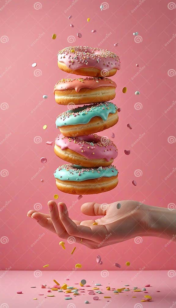 Stack of Colorful Donuts Falling Over Hand with Sprinkles on Pink ...