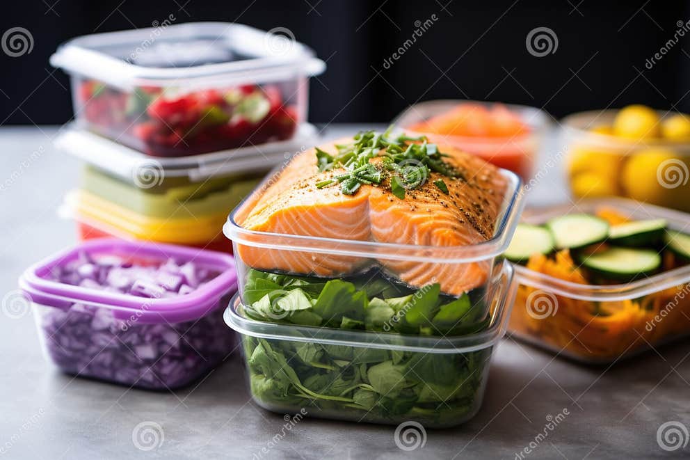 Stack of Colorful Meal Prep Containers with Various Foods Stock Image ...