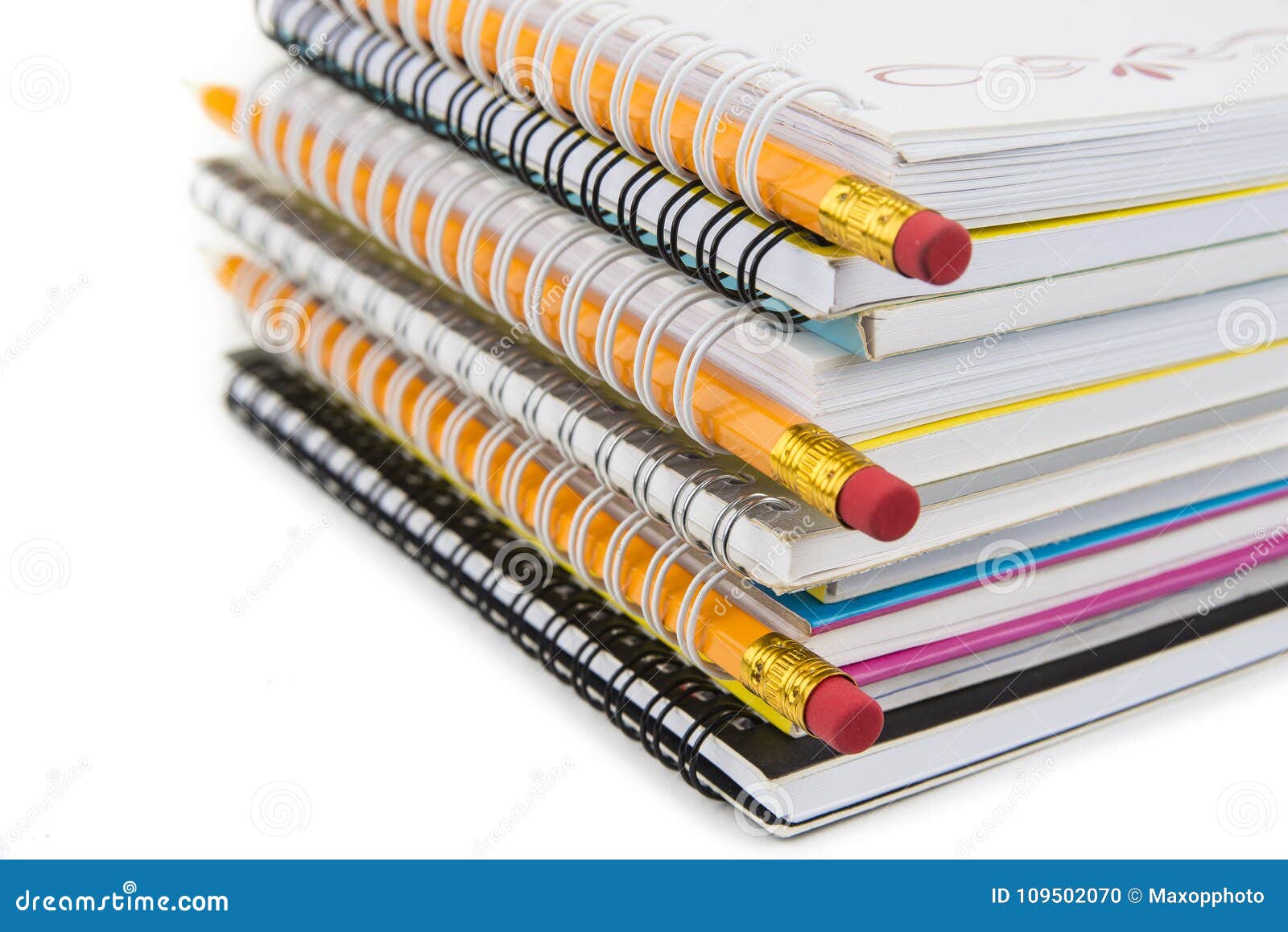 Stack of Colorful Notebooks with Pencils Isolated on White. Stock Photo ... Stack of Colorful Notebooks with Pencils Isolated on White. Stock Photo ...