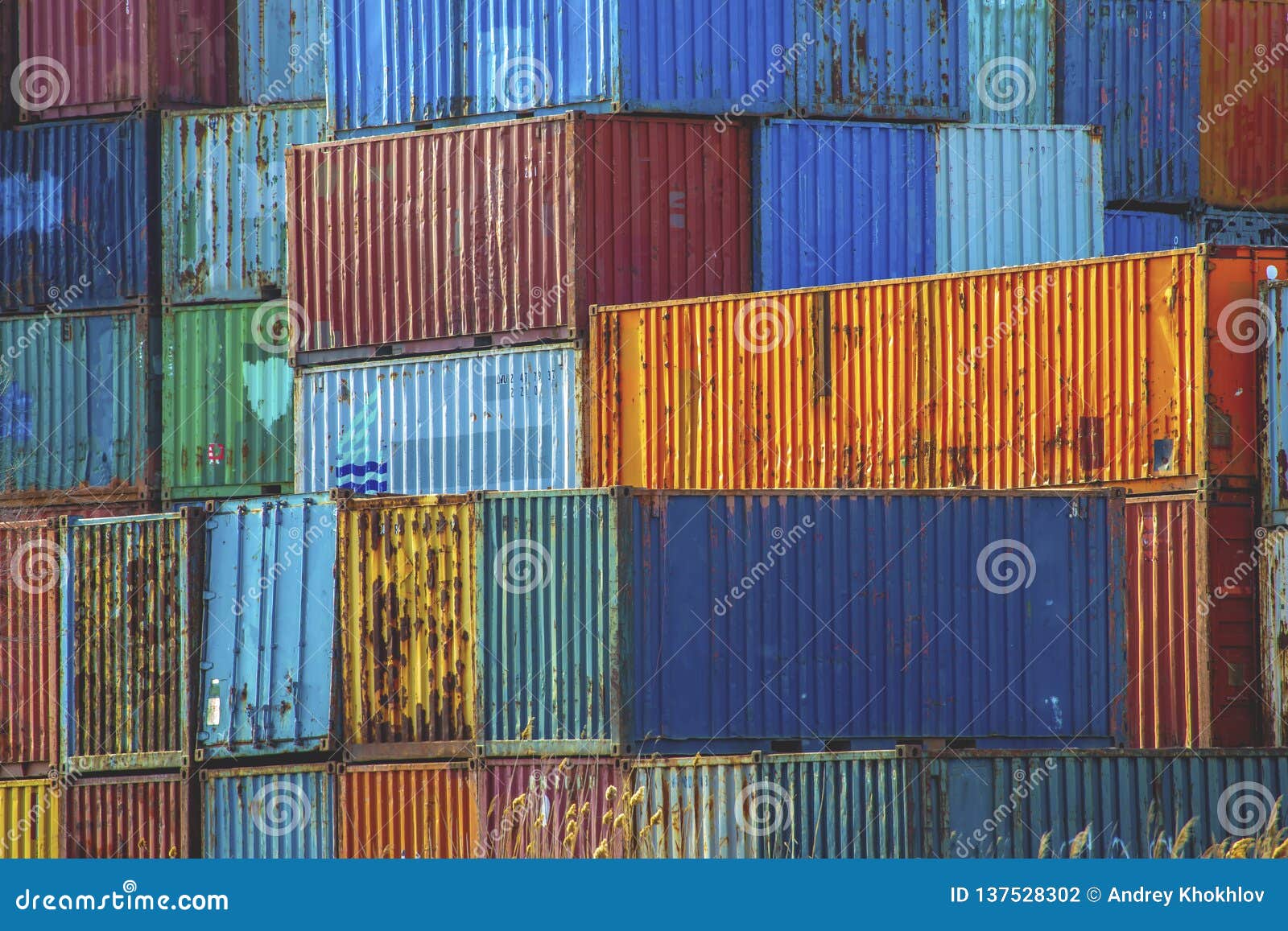 Stack of Colorful Old Rusty Sea Freight Containers in a Port Stock ...