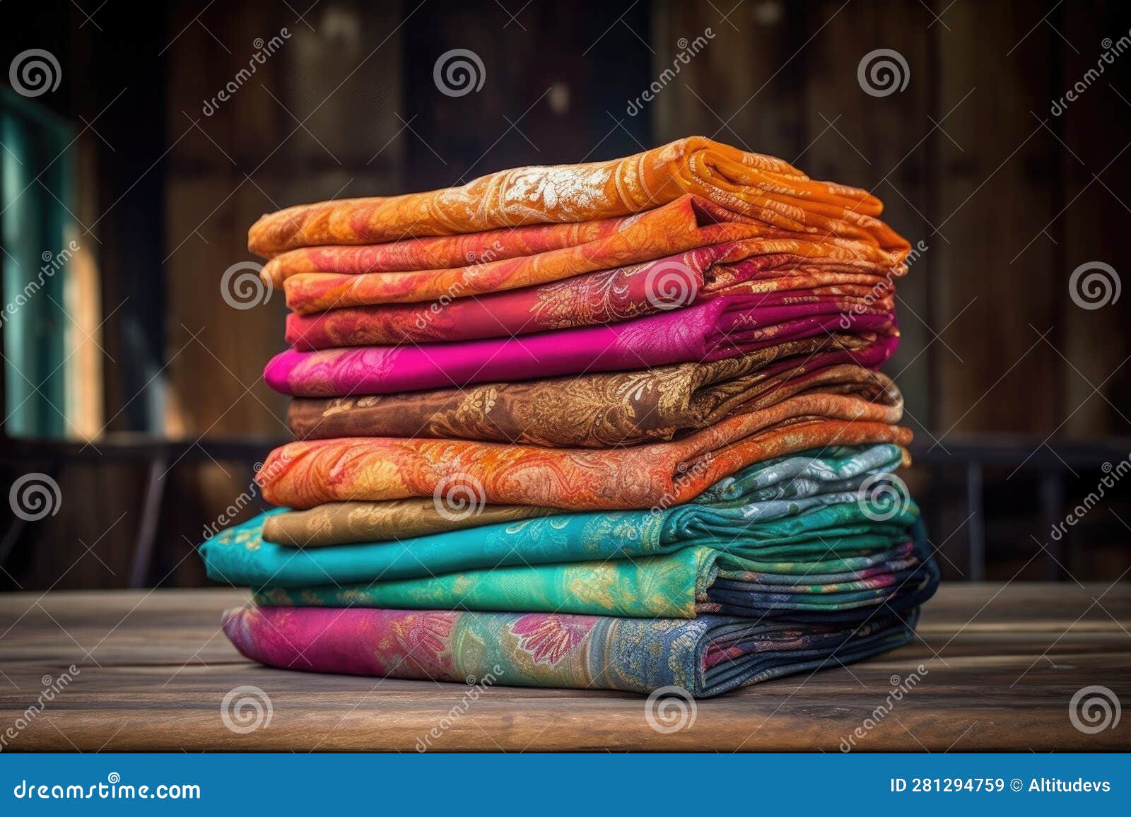 Stack of Colorful Silk Sarees on Rustic Table Stock Illustration ...