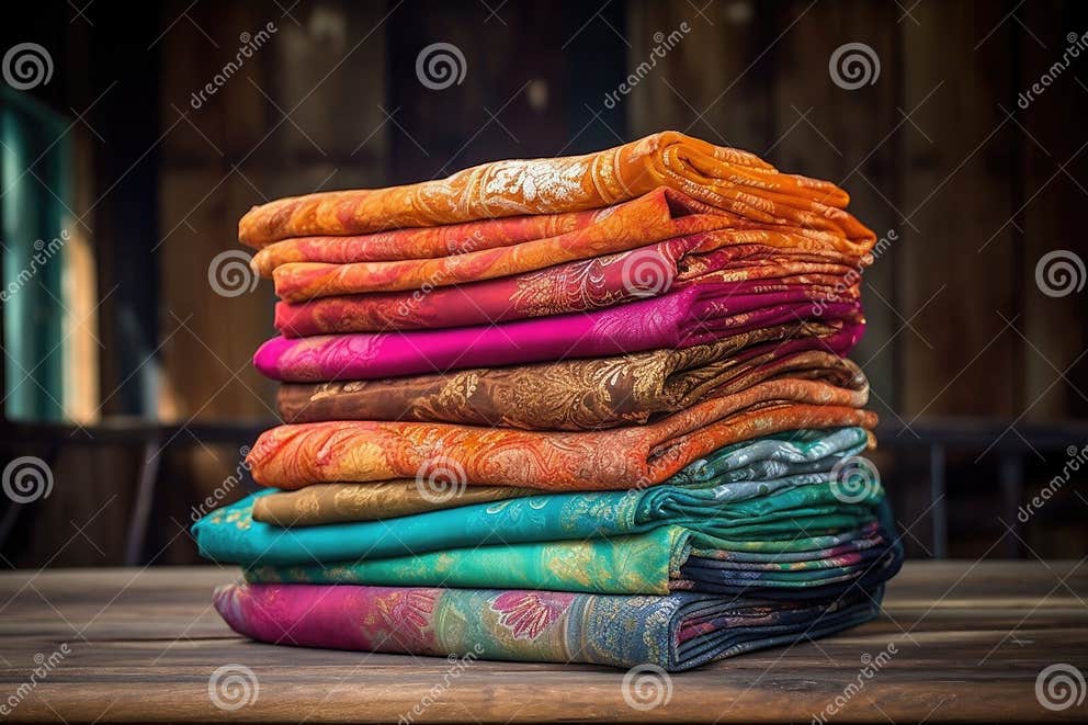 Stack of Colorful Silk Sarees on Rustic Table Stock Illustration ...