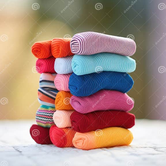 A Stack of Colorful Socks on a White Table, AI Stock Illustration ...
