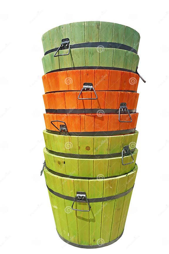 Stack of Colorful Stained Wooden Buckets Stock Image - Image of metal ...