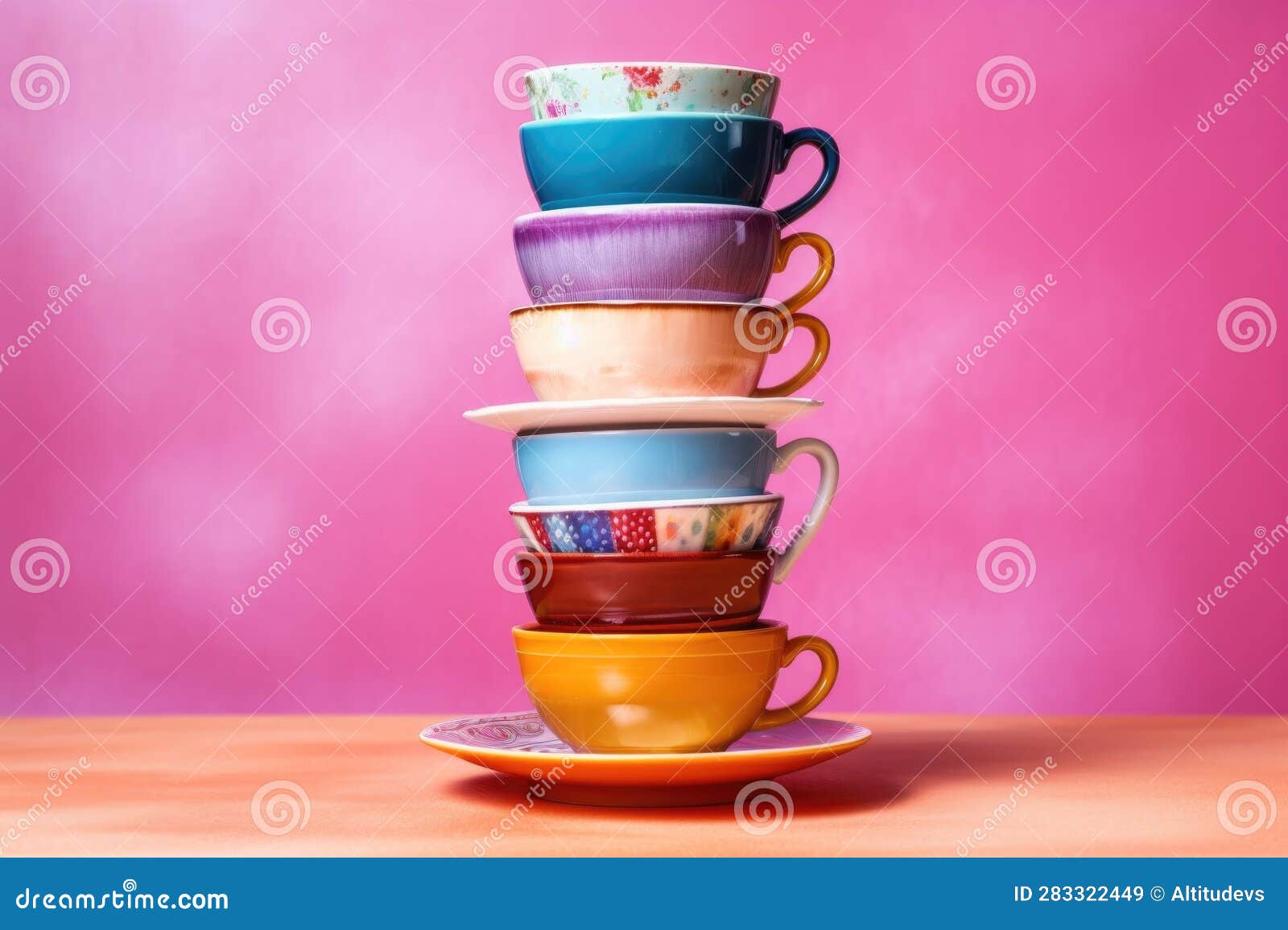 Stack of Colorful Teacups on a Bright Background Stock Illustration ...