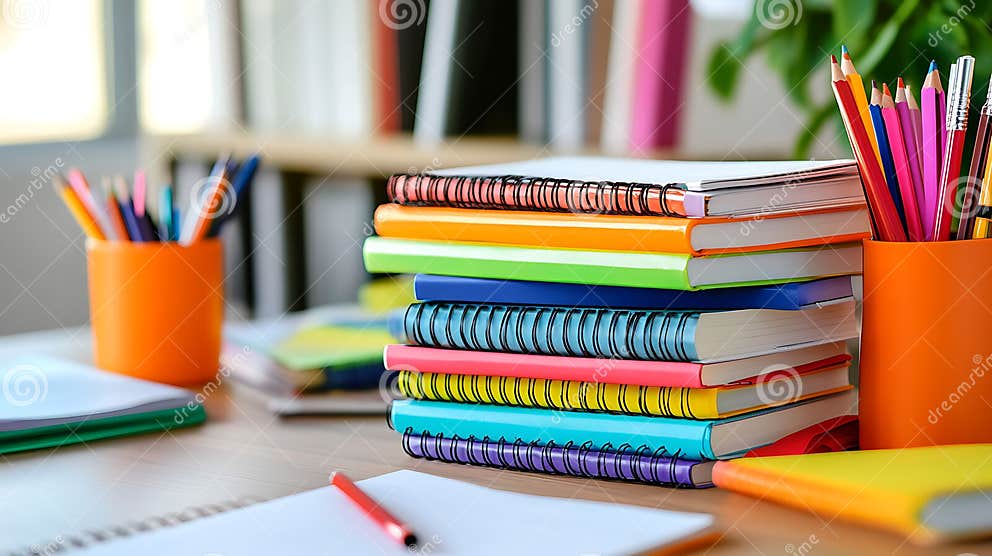 A Stack of Colorful Textbooks and Notebooks on a Study Desk Stock ...
