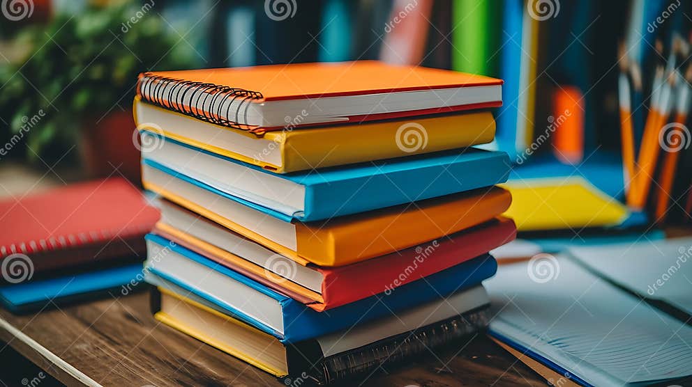 A Stack of Colorful Textbooks and Notebooks on a Study Desk Stock ...