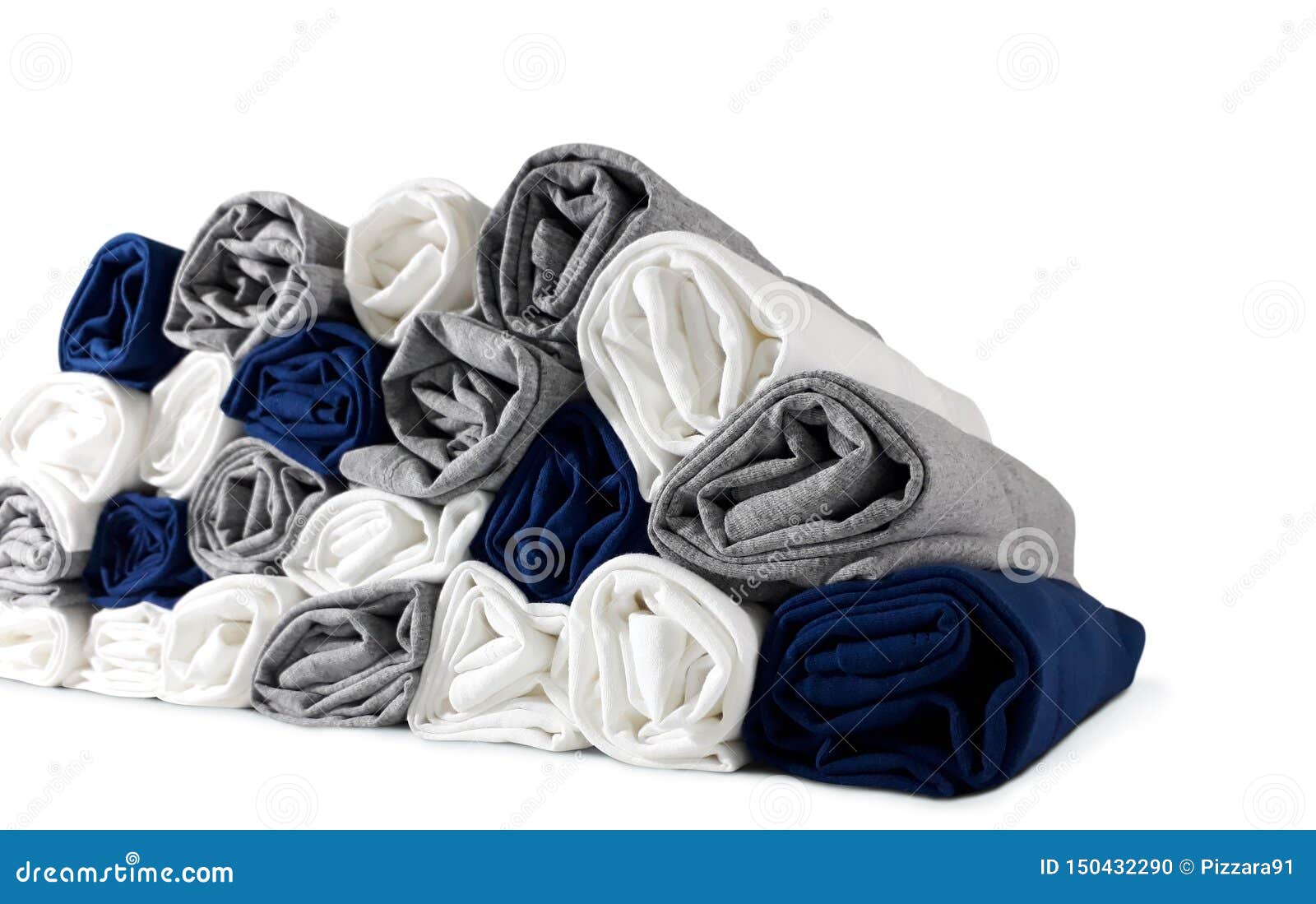 Stack of Colours Rolled T-shirts Isolated on White Background - Close ...