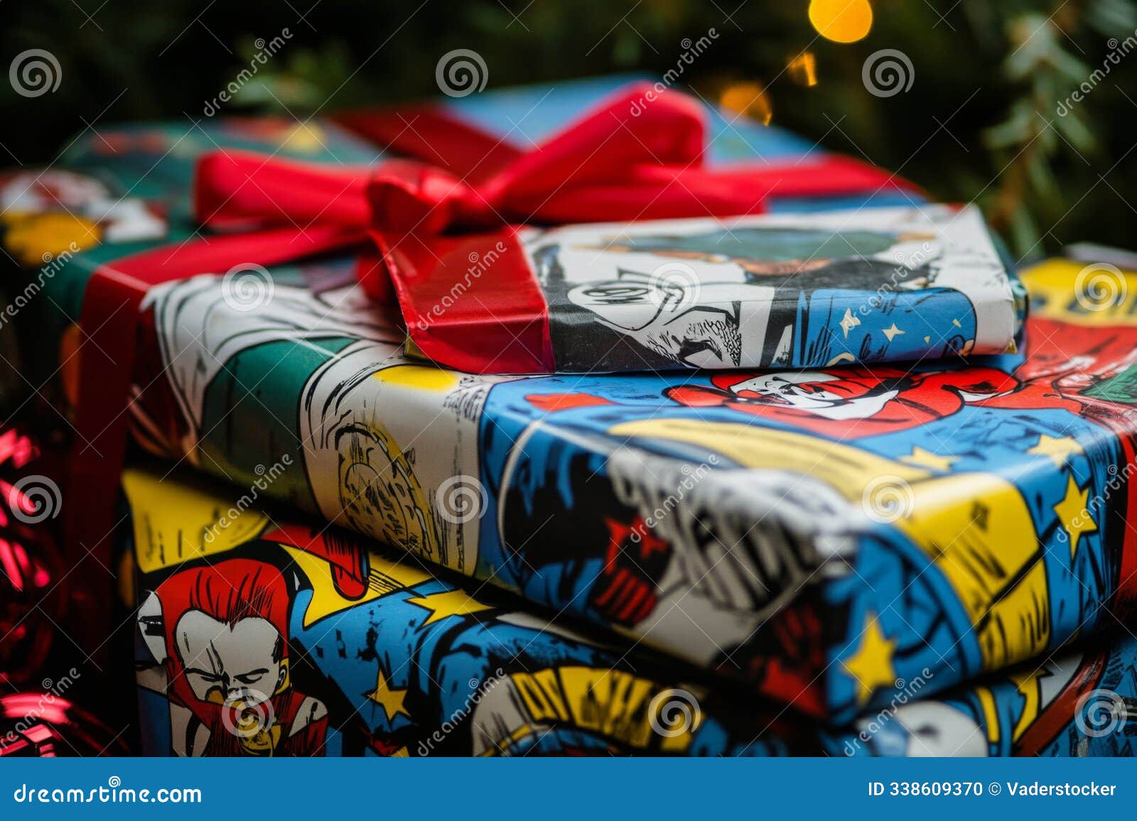 Stack of Comic Book-Wrapped Gifts with Red Bow Stock Illustration ...