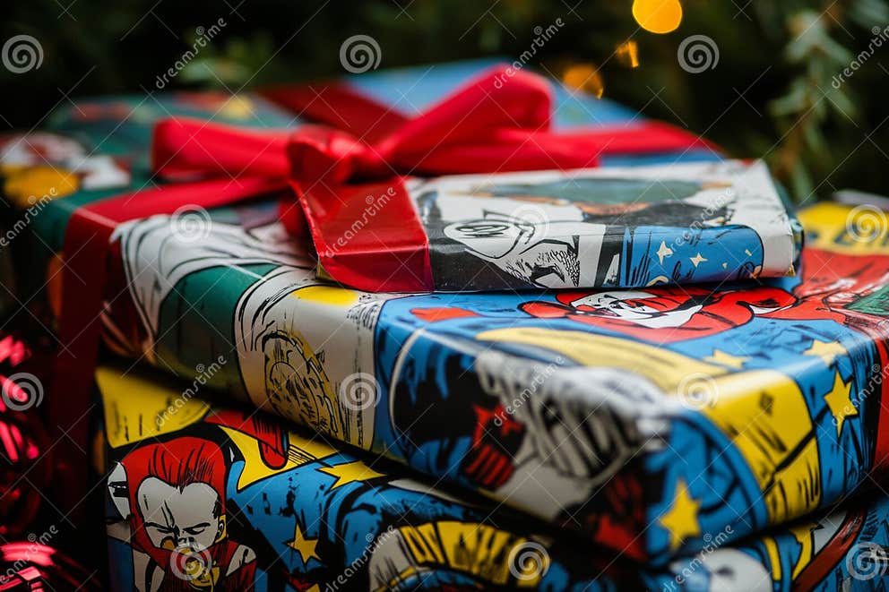 Stack of Comic Book-Wrapped Gifts with Red Bow Stock Illustration ...