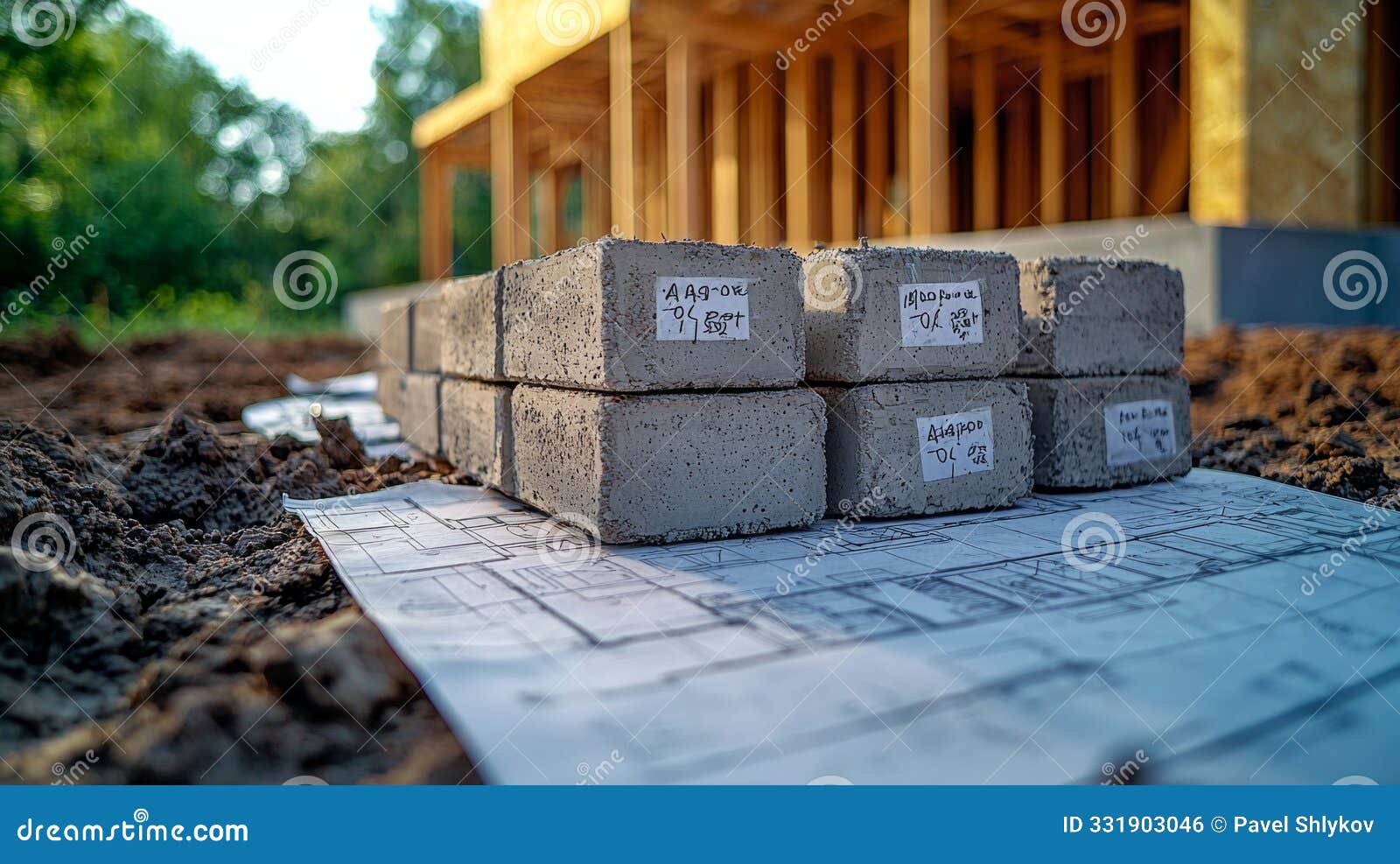 Stack of Concrete Foundation Blocks with Price Tags Attached. Partially ...