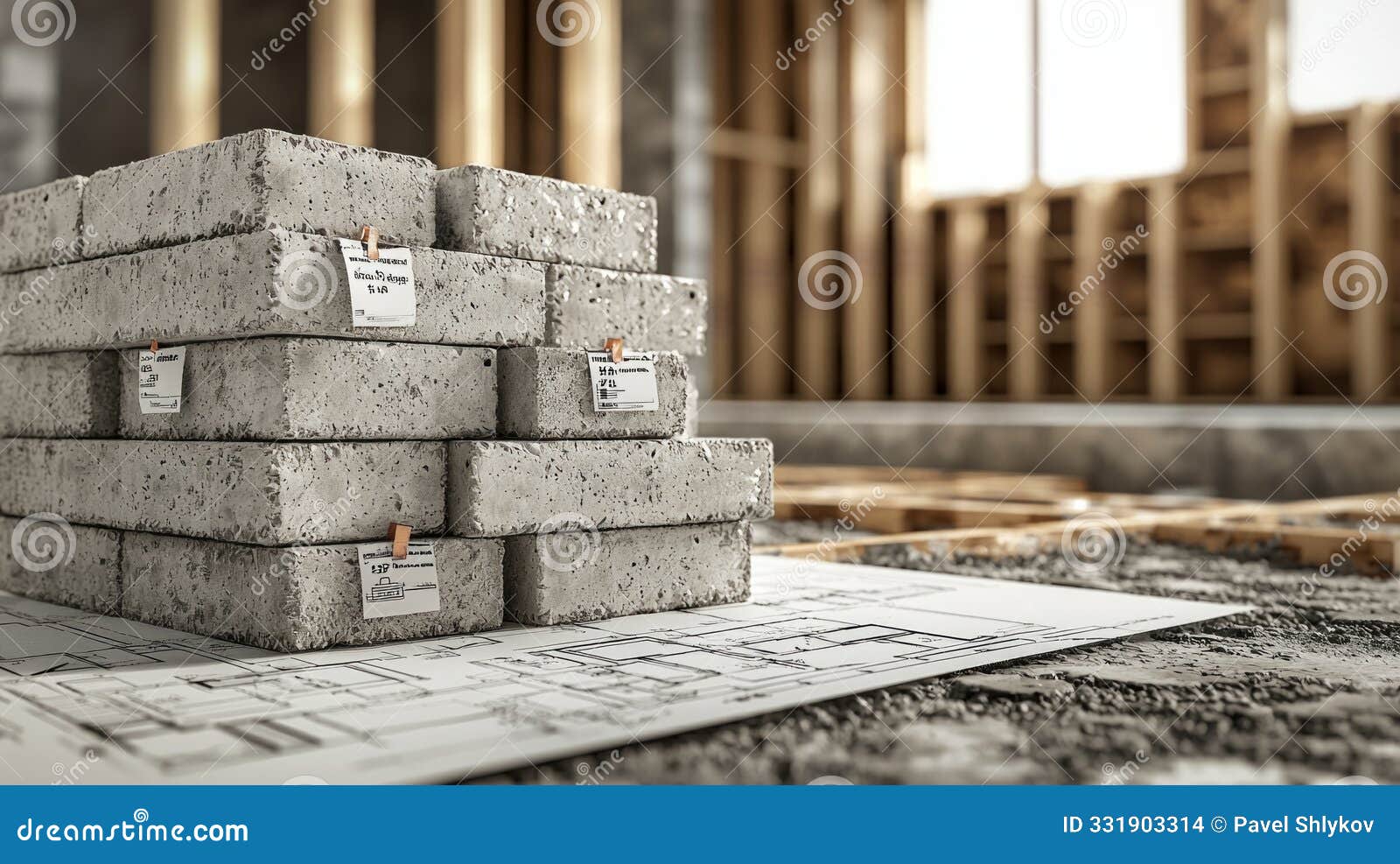 Stack of Concrete Foundation Blocks with Price Tags Attached. Partially ...