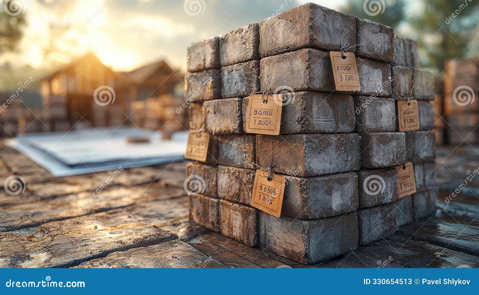 Stack of Concrete Foundation Blocks with Price Tags Attached. Partially ...