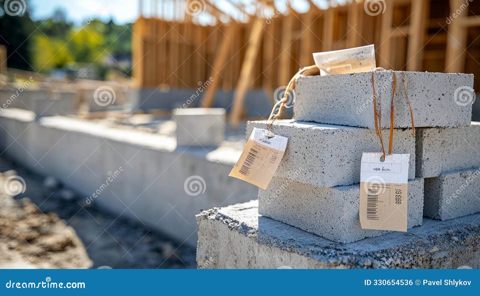 Stack of Concrete Foundation Blocks with Price Tags Attached. Partially ...