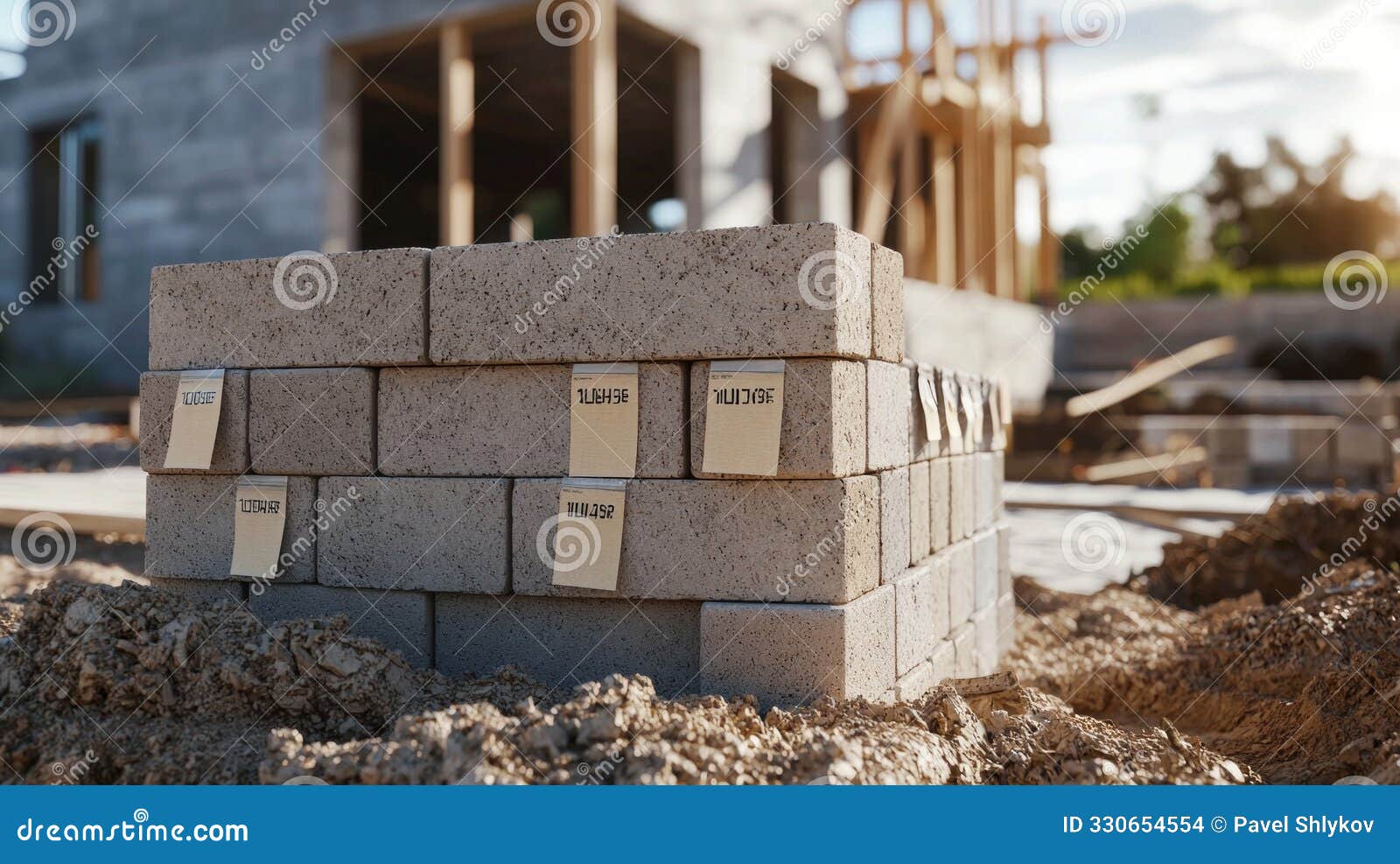 Stack of Concrete Foundation Blocks with Price Tags Attached. Partially ...