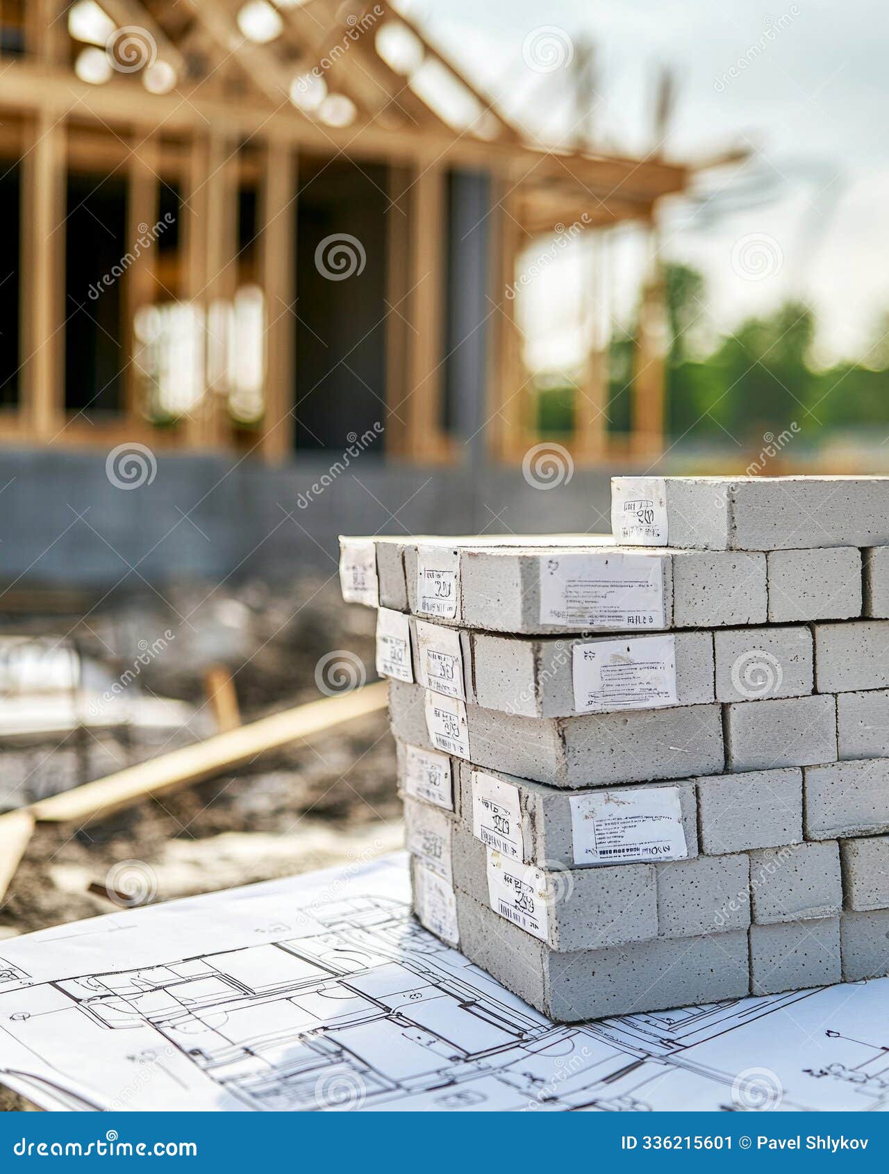 Stack of Concrete Foundation Blocks with Price Tags Attached. Partially ...