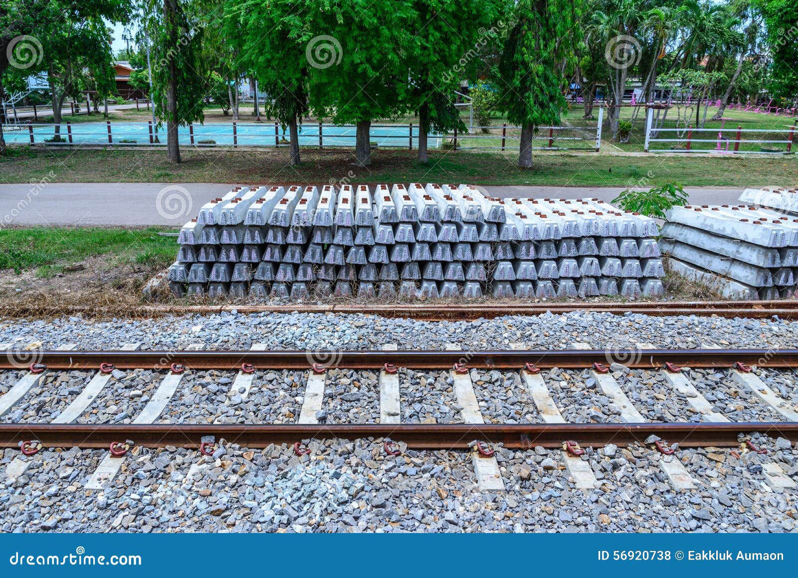 Stack of Concrete Railway Sleepers Near Railroad Stock Photo - Image of ...