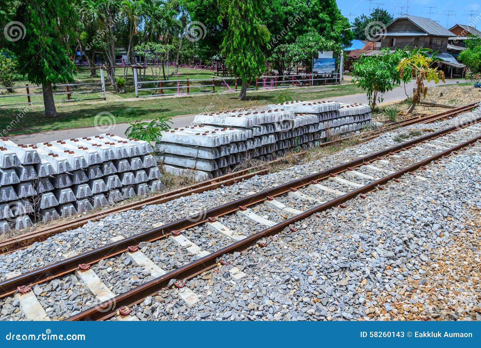 Stack of Concrete Railway Sleepers Near Railroad Stock Image - Image of ...