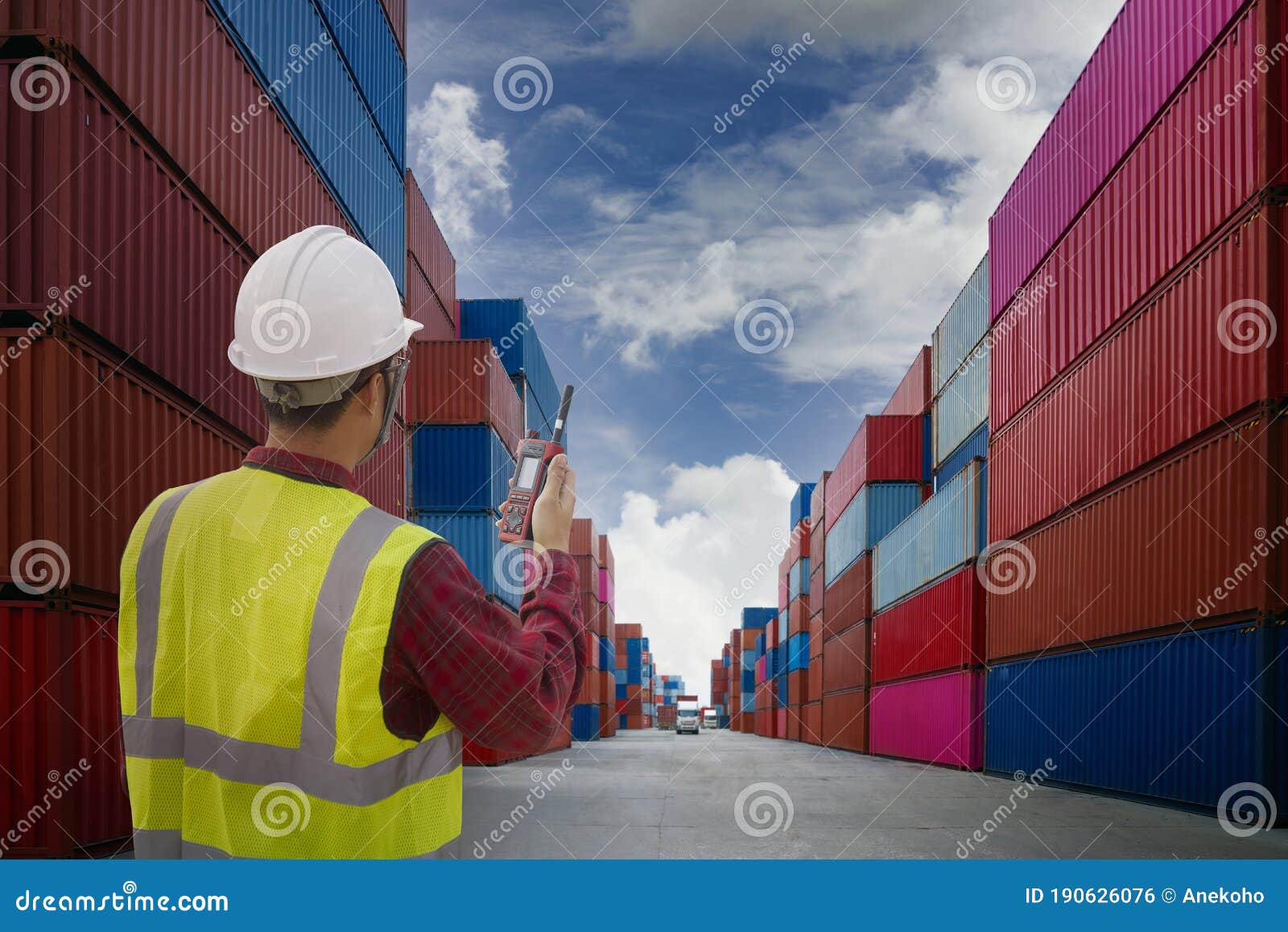 Stack of Container Box in Transportation Port with Worker Control and ...