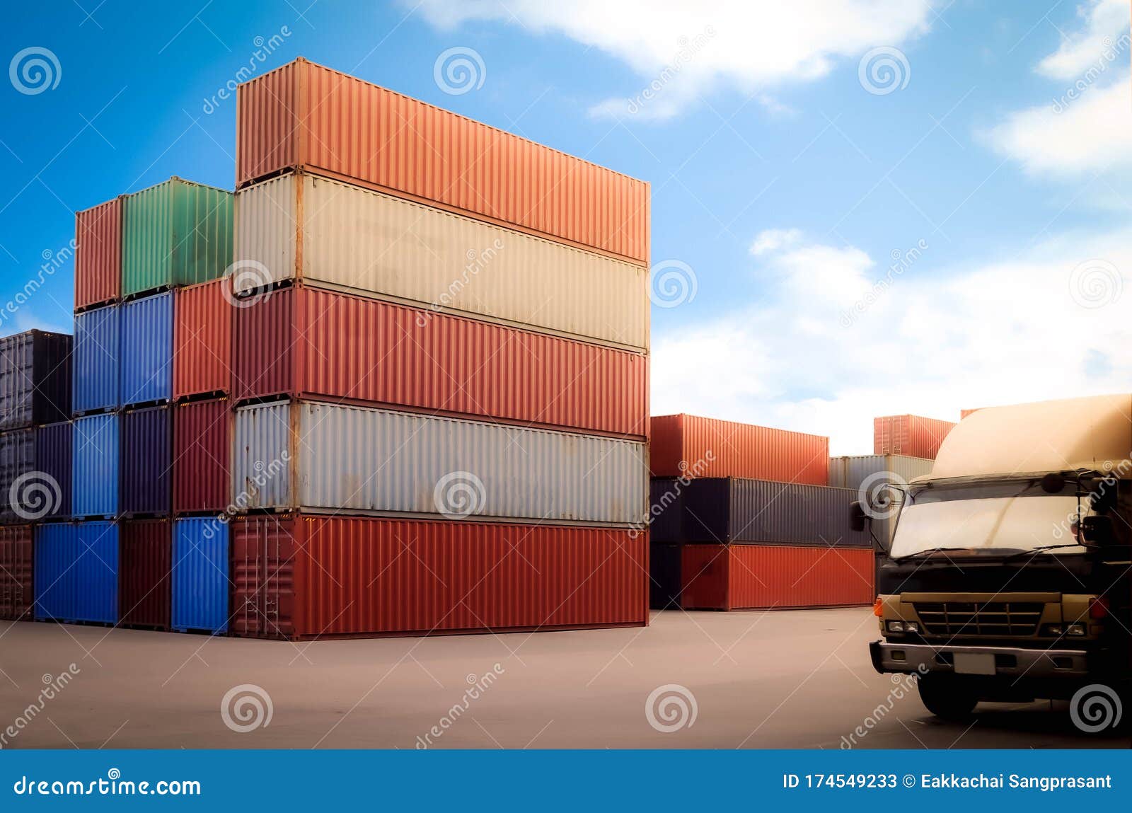 Stack of Containers Box in a Logistic Depot Yard and Track Head without ...