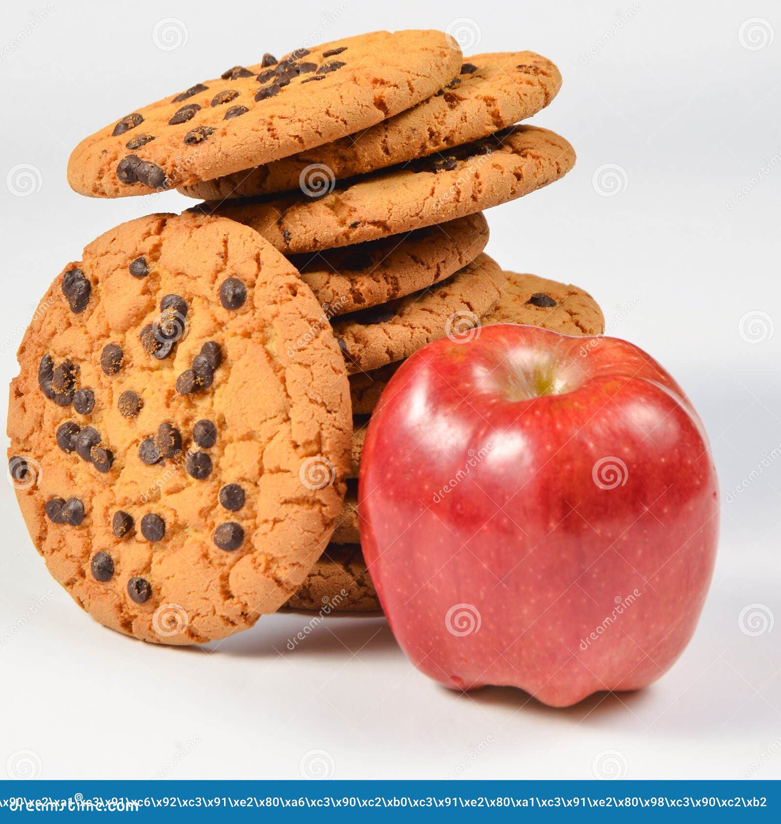Stack of Cookies with Chocolate, Red Apple on a White Background. Stock ...