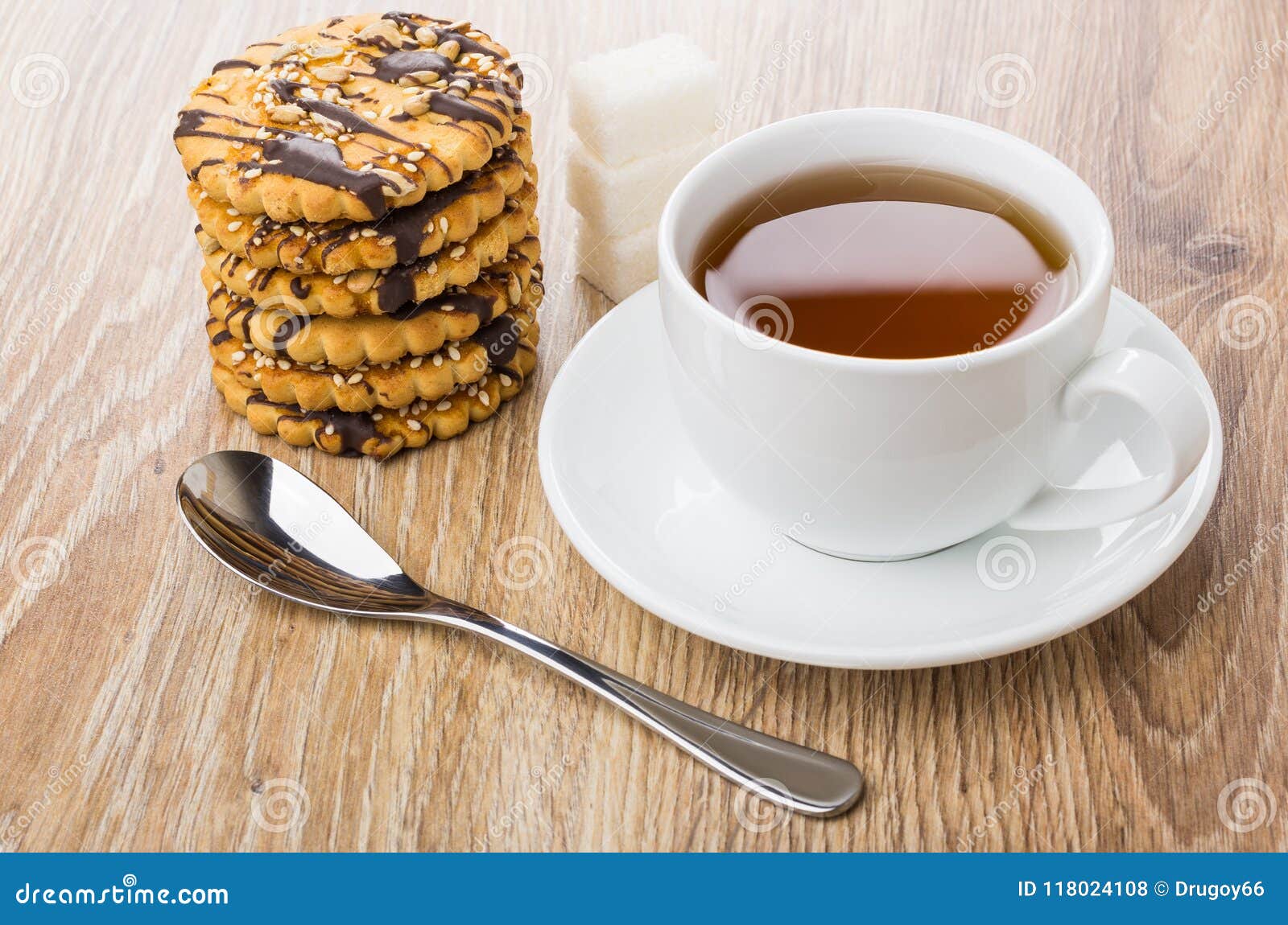Stack of Cookies with Chocolate and Seeds, Sugar, Teaspoon, Tea Stock ...