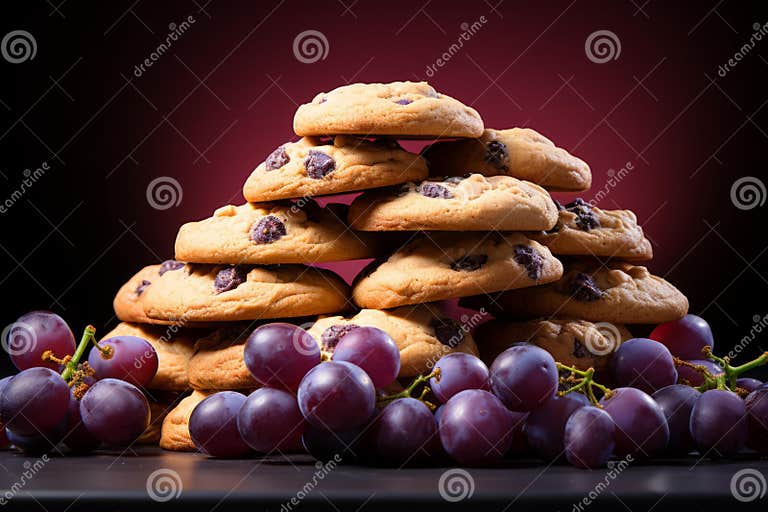 A Stack of Cookies and Grapes on a Red Background Stock Illustration ...