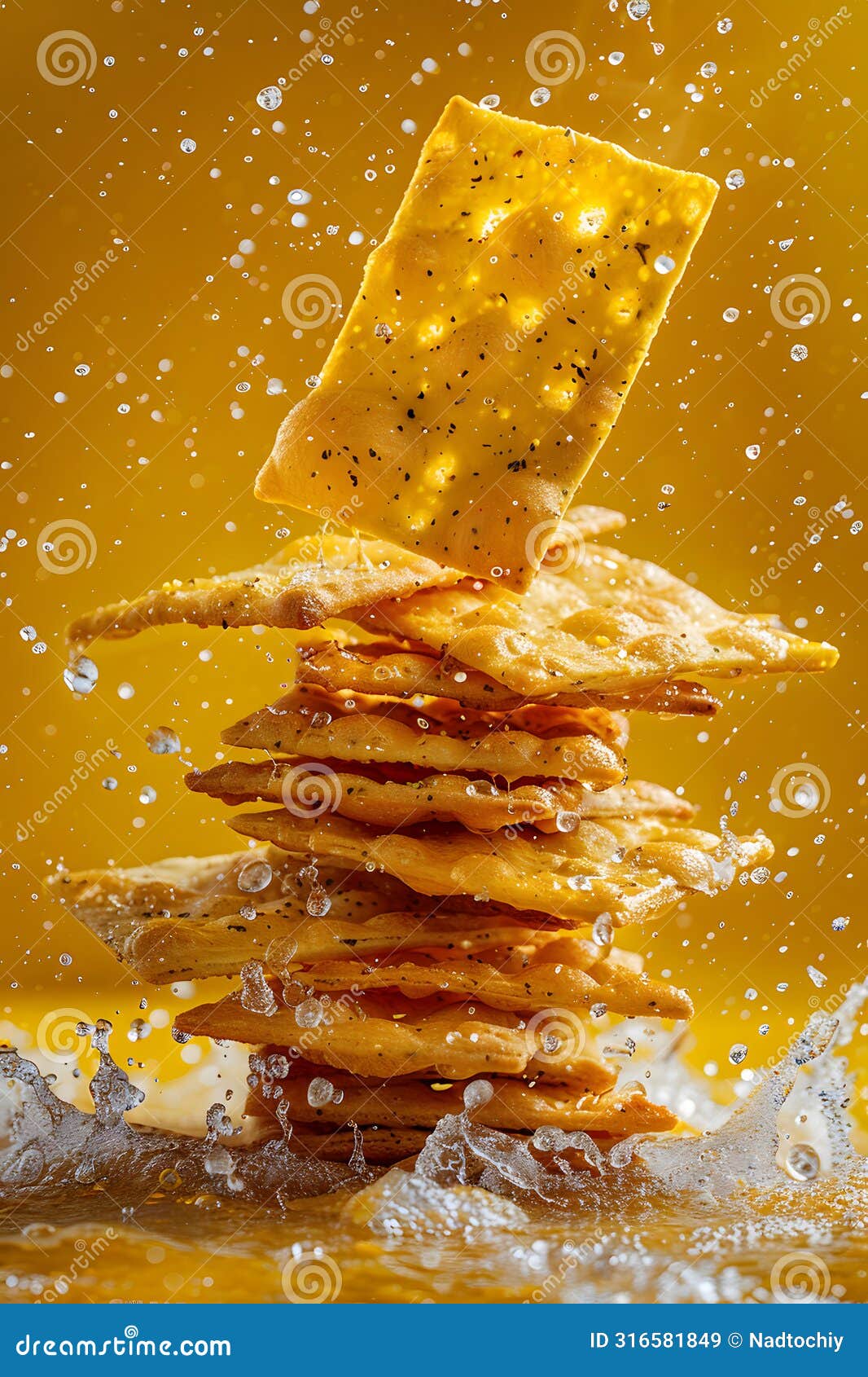 Stack of Crackers Falling into Amber Liquid, Fast Food Cuisine Stock ...