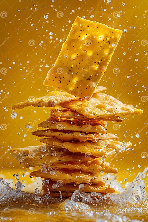 Stack of Crackers Falling into Amber Liquid, Fast Food Cuisine Stock ...