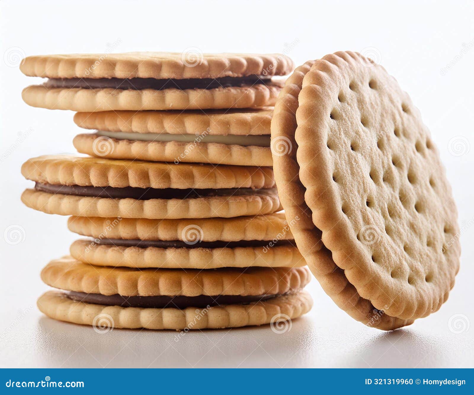 A Stack of Cream-filled Biscuits, One Cookie Standing Upright beside ...