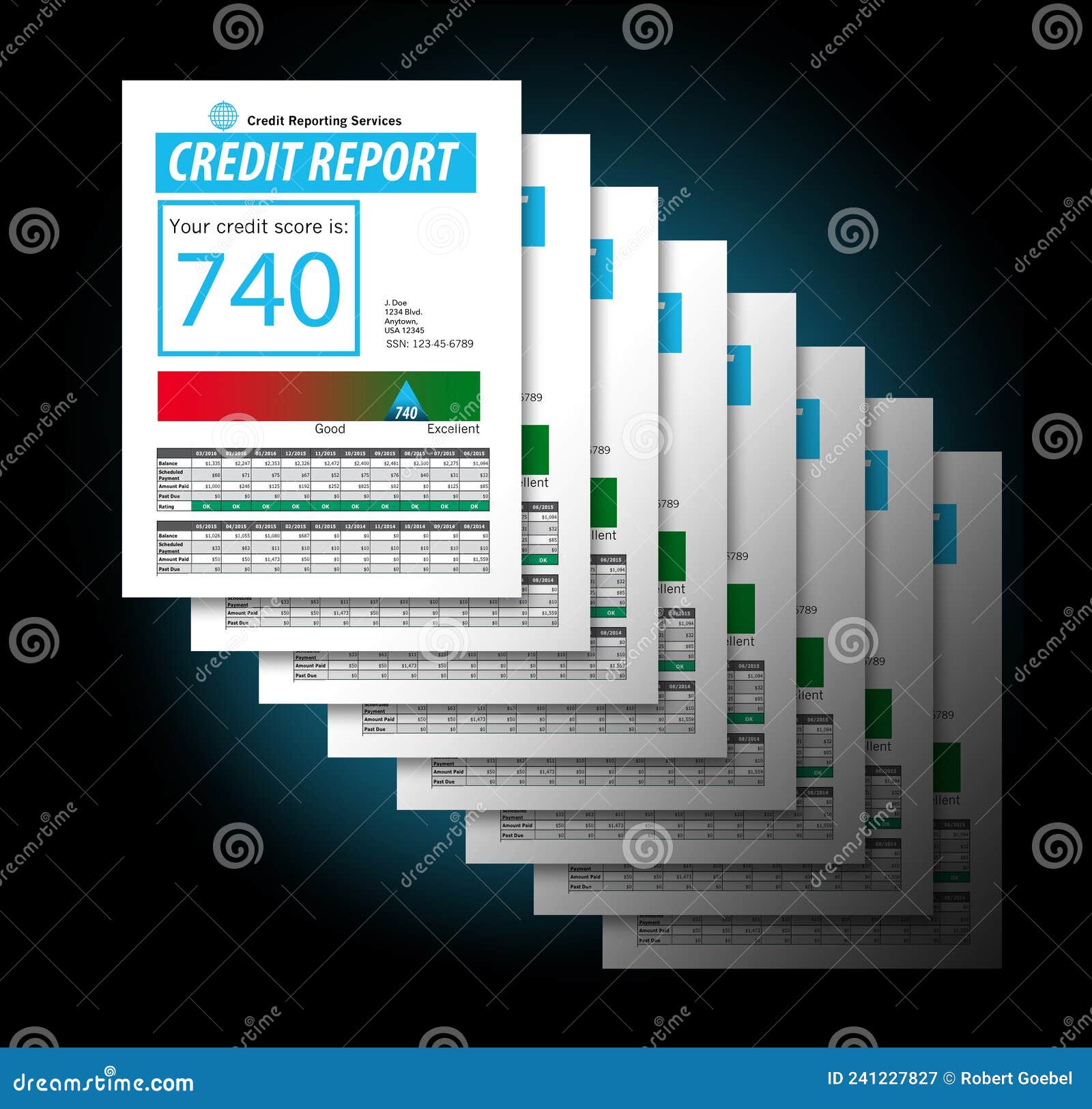 A Stack of Credit Reports Feature a High Score Stock Illustration ...
