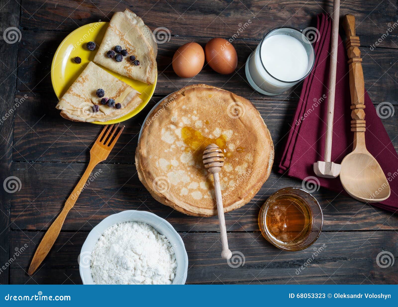 Stack of Crepes and Ingredients for Cooking on a Wooden Table Stock ...