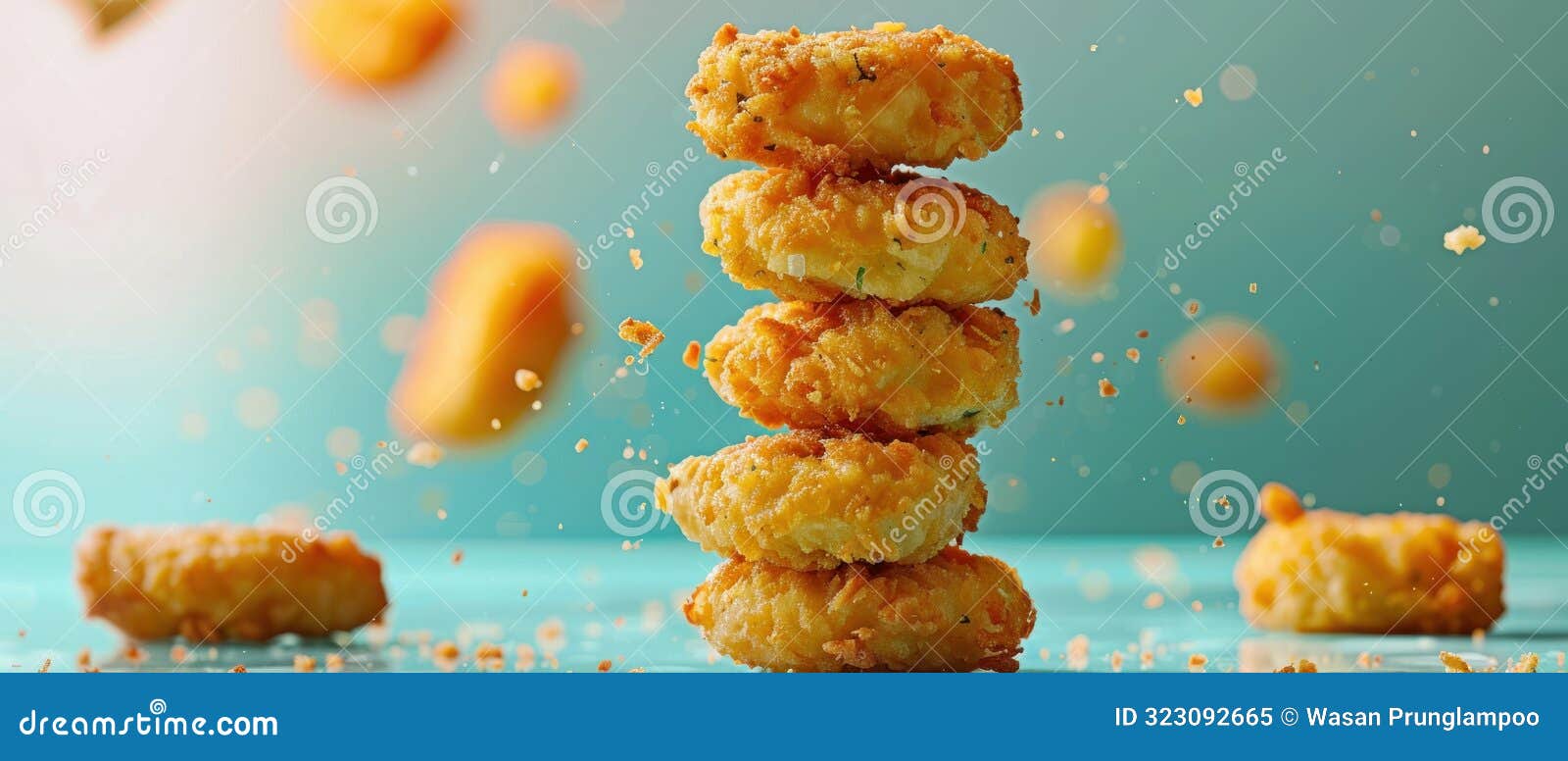 A Stack of Crispy Fried Chicken Nuggets on a Blue Background Stock ...
