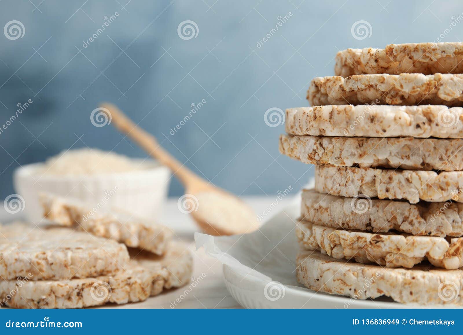 Stack of Crunchy Rice Cakes on Table, Closeup. Stock Image - Image of ...