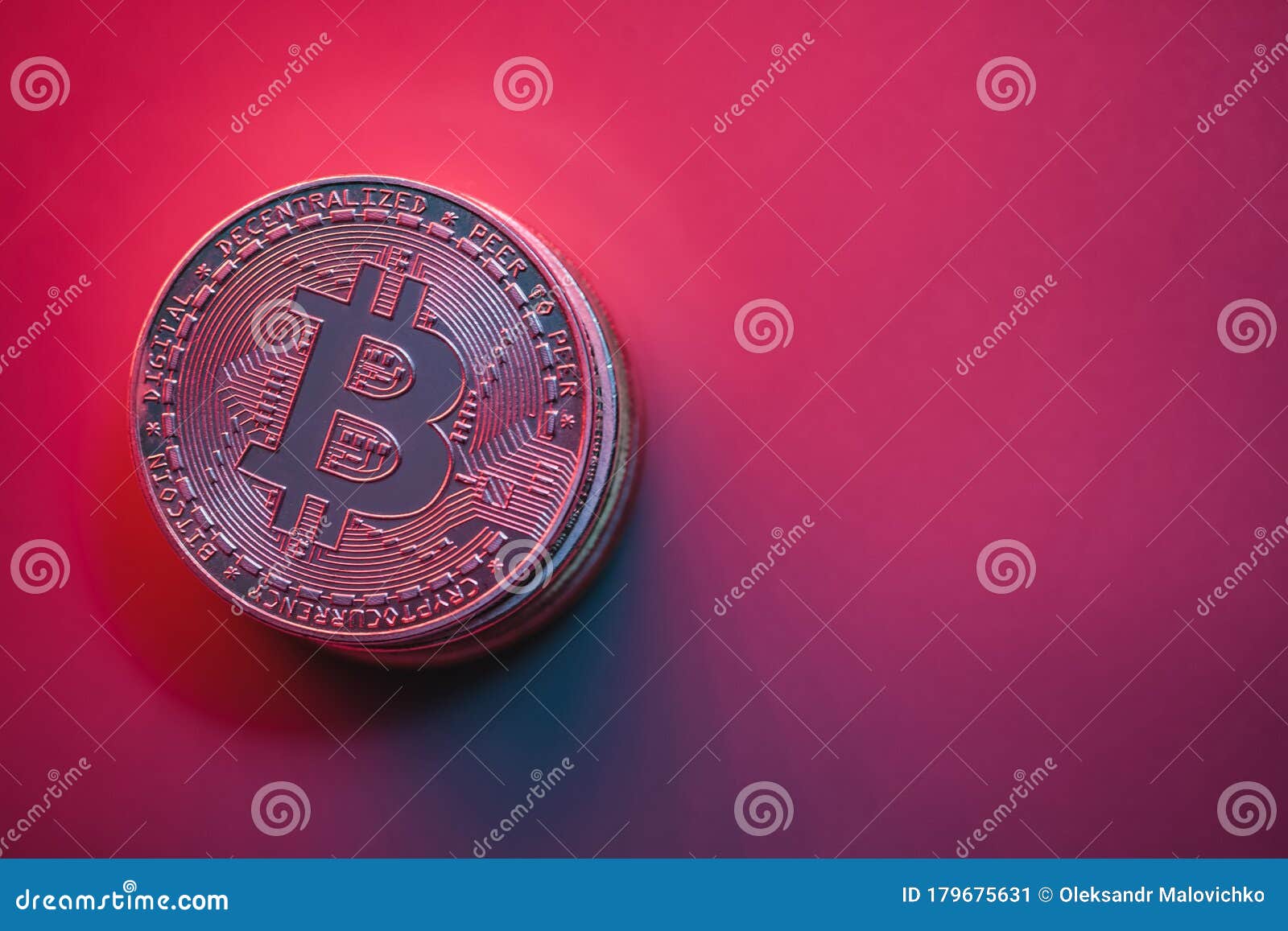 Stack of Crypto Coins on Red, Pink Background with Neon Illumination ...