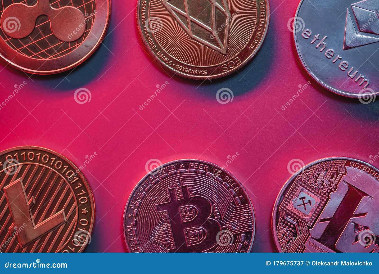 Stack of Crypto Coins on Red, Pink Background with Neon Illumination ...
