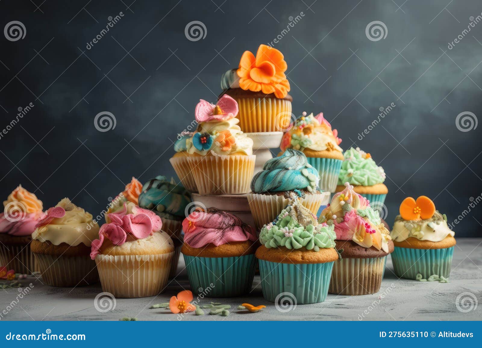 Stack of Cupcakes with Different Designs and Colors Stock Illustration ...