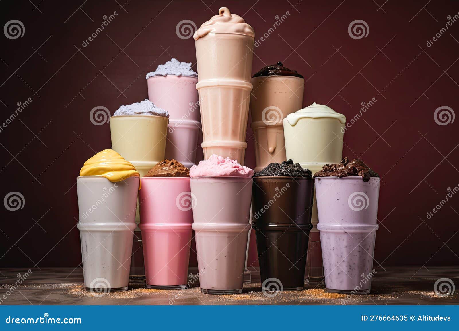 Stack of Cups, Each Holding Different Milkshake Flavor Stock Image ...