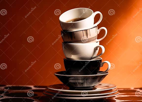 A Stack of Cups and Saucers Balancing on a Table. Created with ...