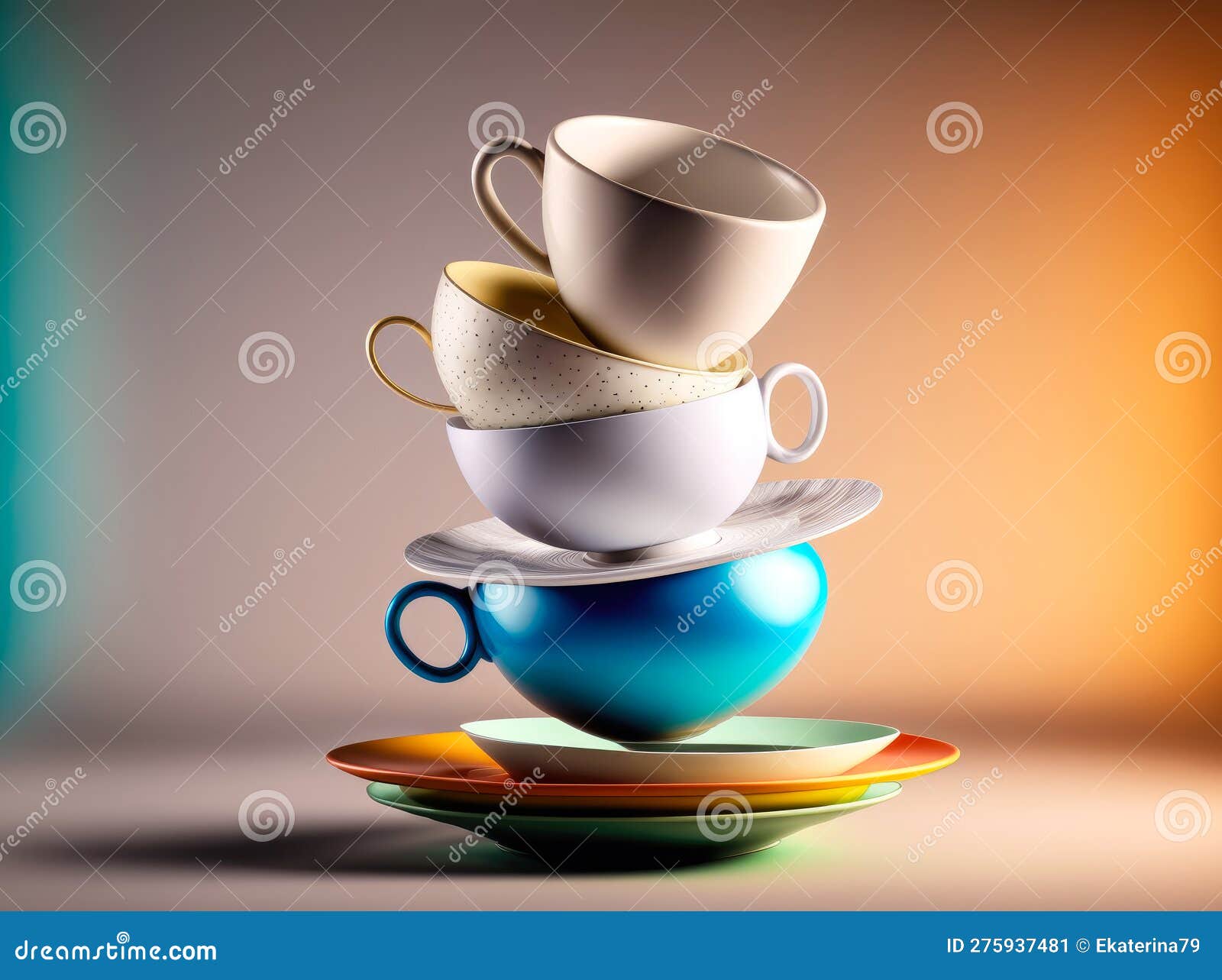 A Stack of Cups and Saucers Balancing on a White Background that ...