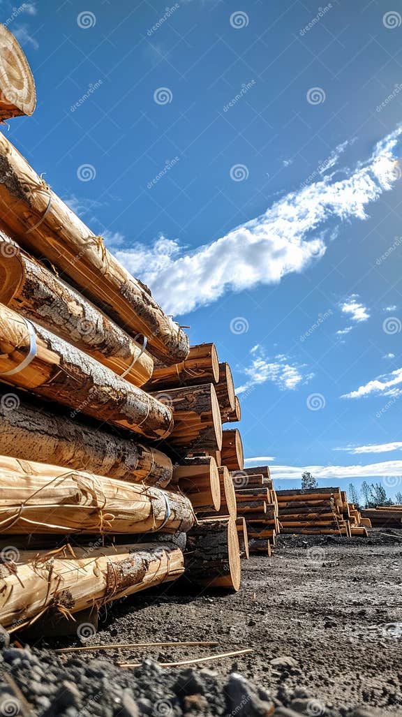 Stack of Cut Timber Logs Under Clear Blue Sky, Environmental Impact ...