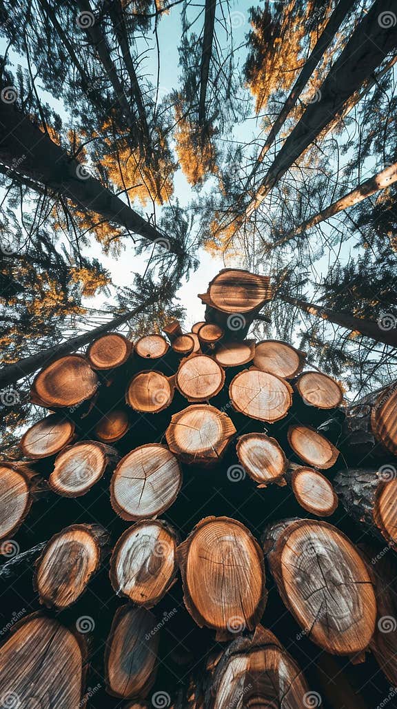 Stack of Cut Tree Logs in a Forest with Tall Trees, Looking Up at the ...