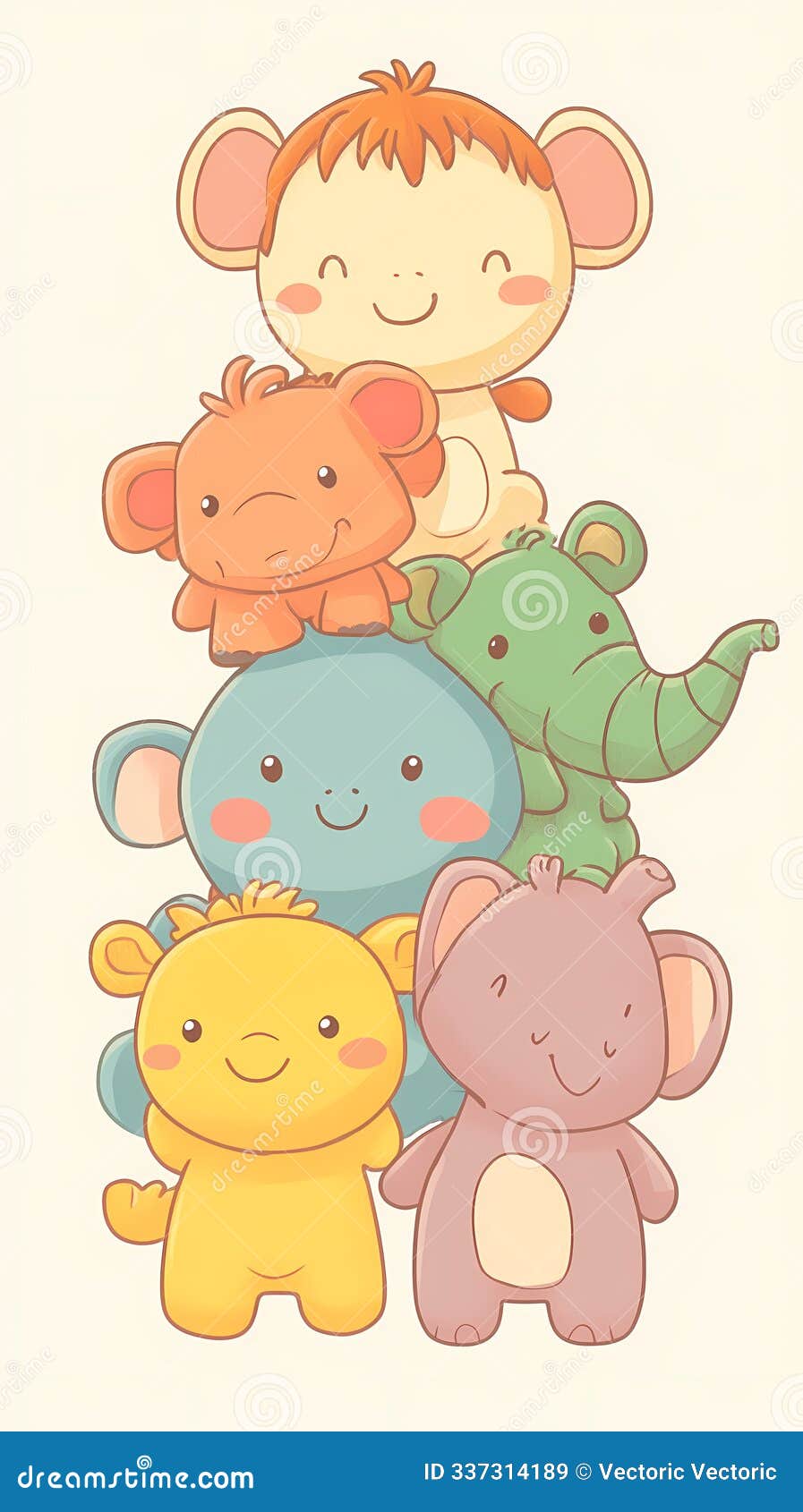 A Stack of Cute, Colorful Animal Characters, Including Monkeys and ...