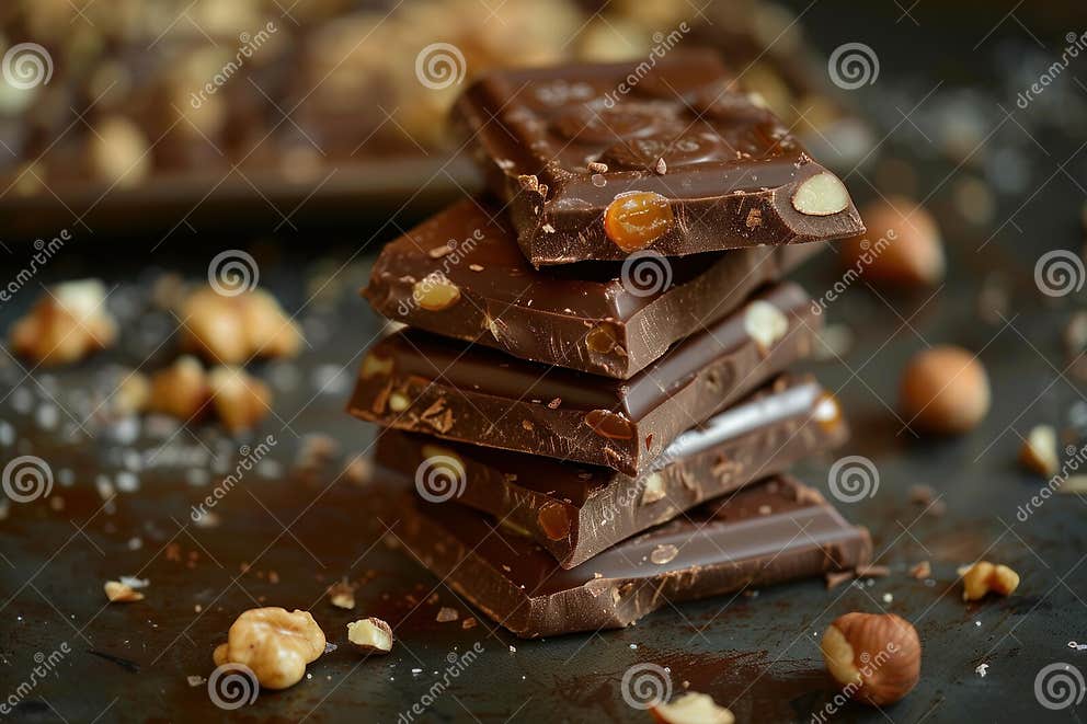 Stack of Dark Chocolate with Hazelnuts and Walnuts on Dark Background ...