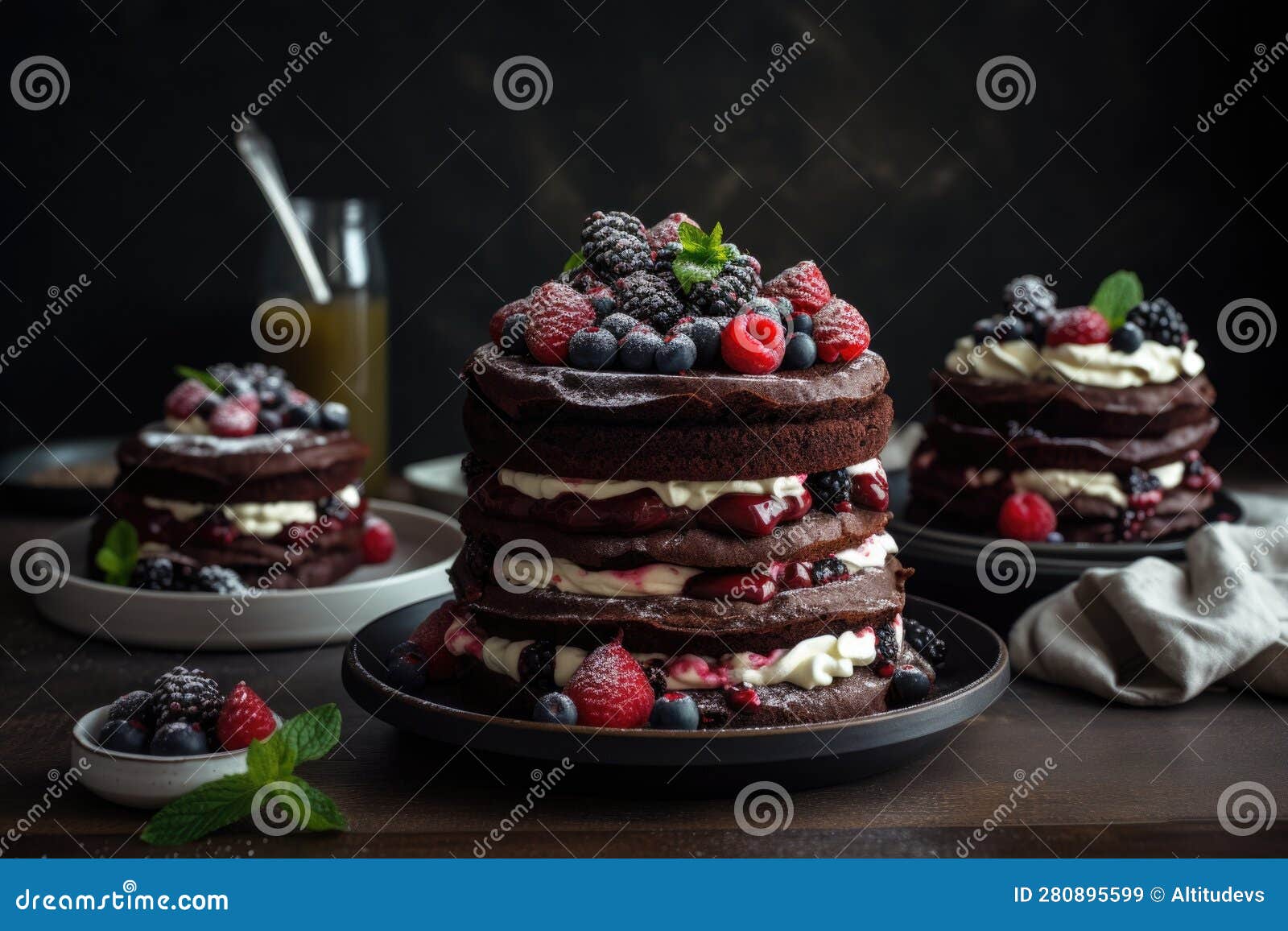 Stack Of Decadent Chocolate Cakes With Layers Of Whipped Cream And ...