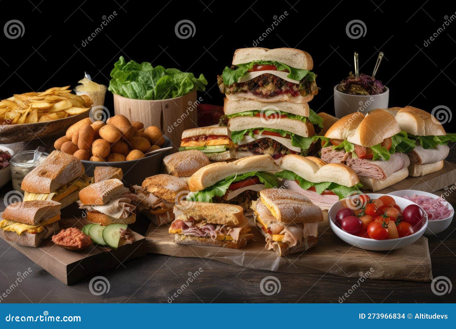 Stack of Deli Sandwiches and Wraps with Variety of Fillings, Side ...