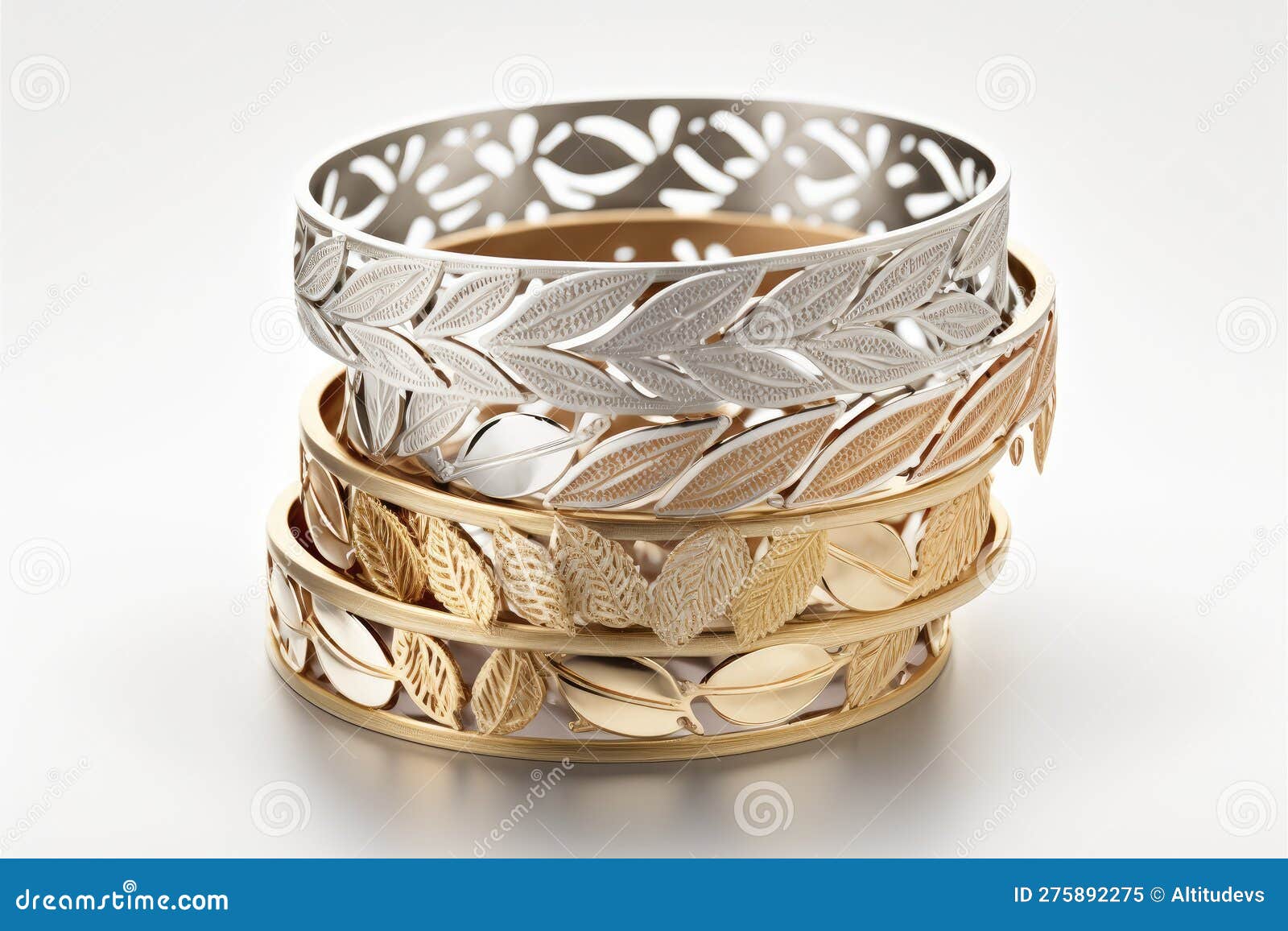 Stack of Delicate and Intricate Bracetes on White Background Stock ...